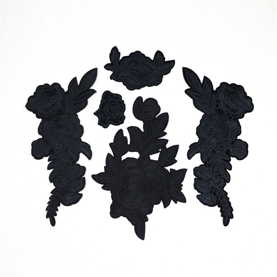 Pack of 1/3/5pcs Black Rose Flower W/leaves Fabric Patches Embroidery ...