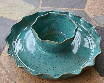 Handmade Pottery Chip and Dip Bowl Aqua Ceramic Chip and Dip - Etsy