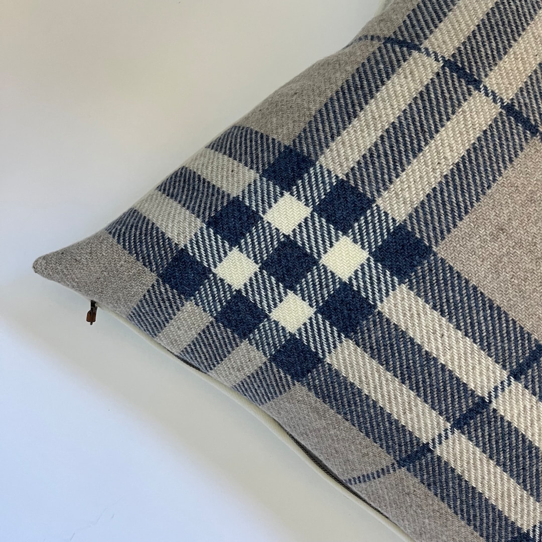 Blue and Tan Plaid Wool Pillow Cover Blue Checked Exposed Zipper ...