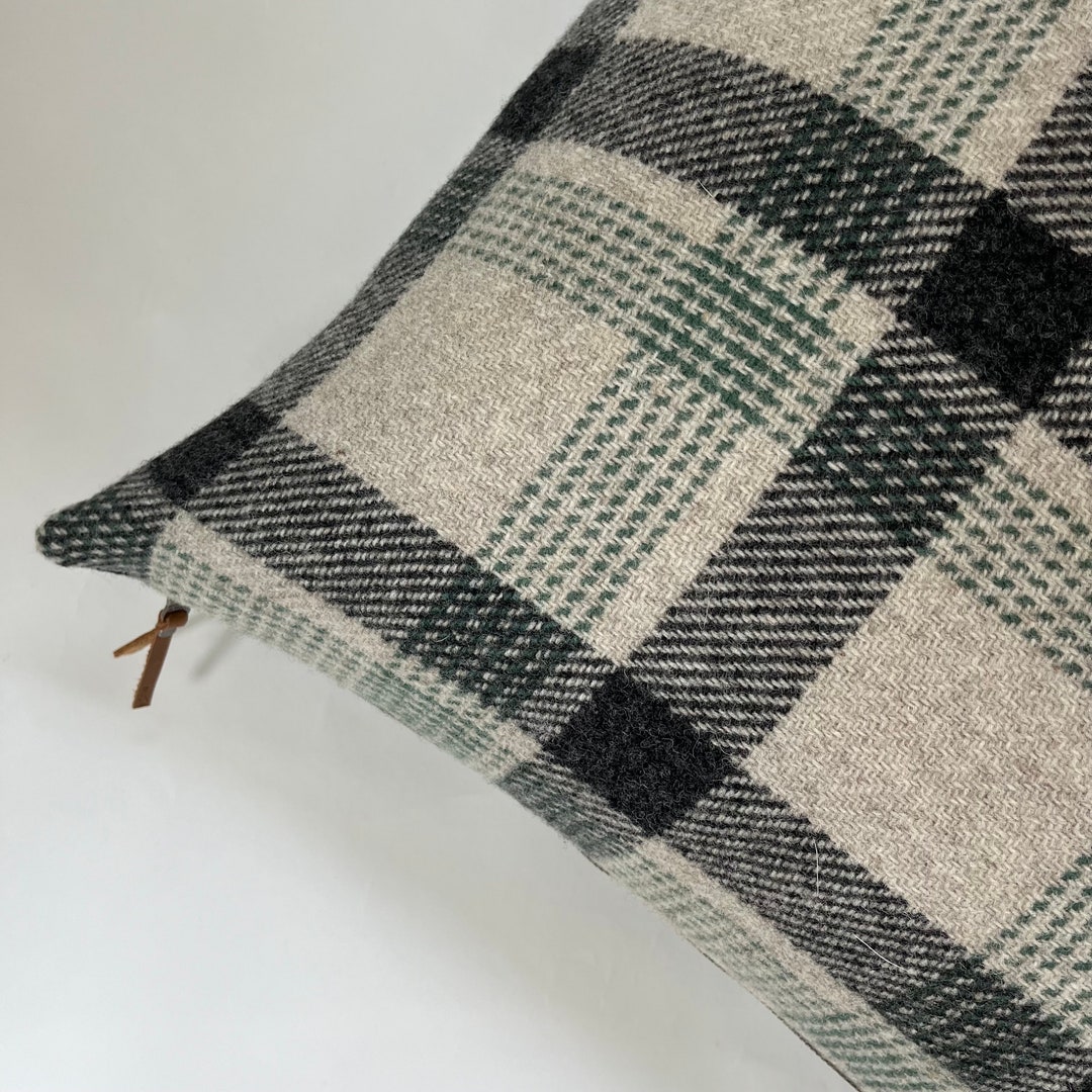 Black and Green Plaid Wool Pillow Cover Exposed Zipper-leather Pull 20” 22”24” 14x24 Made With ...
