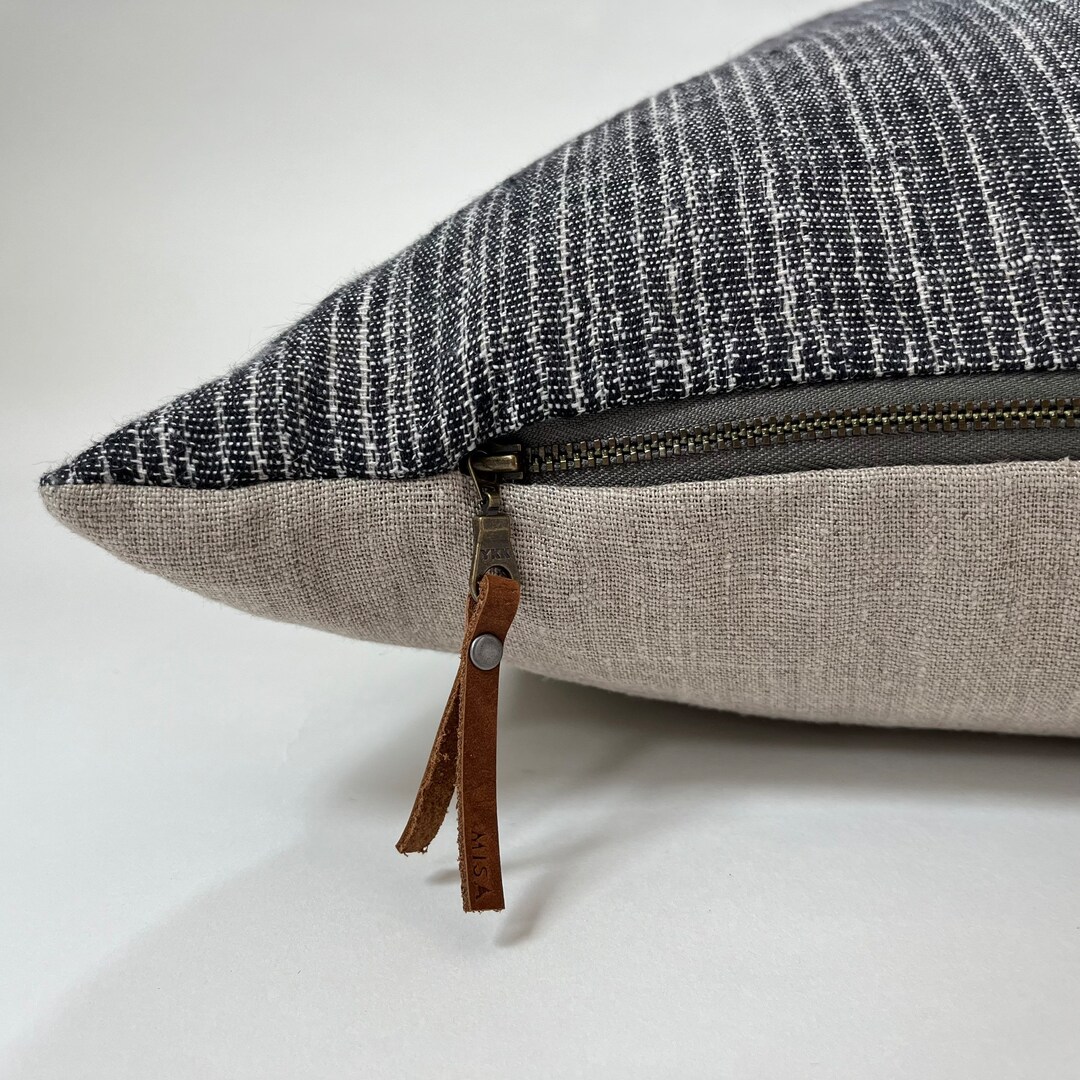 Blue Striped Linen Pillow Cover With a Natural Linen Backing Exposed ...