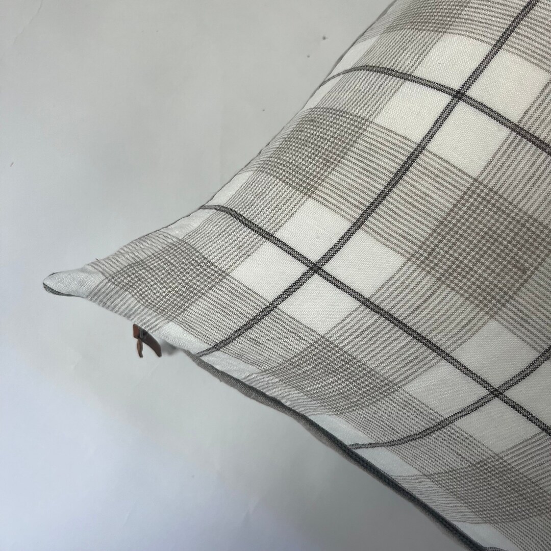 Black White and Tan Plaid Linen Pillow Window Pane Exposed Zipper ...