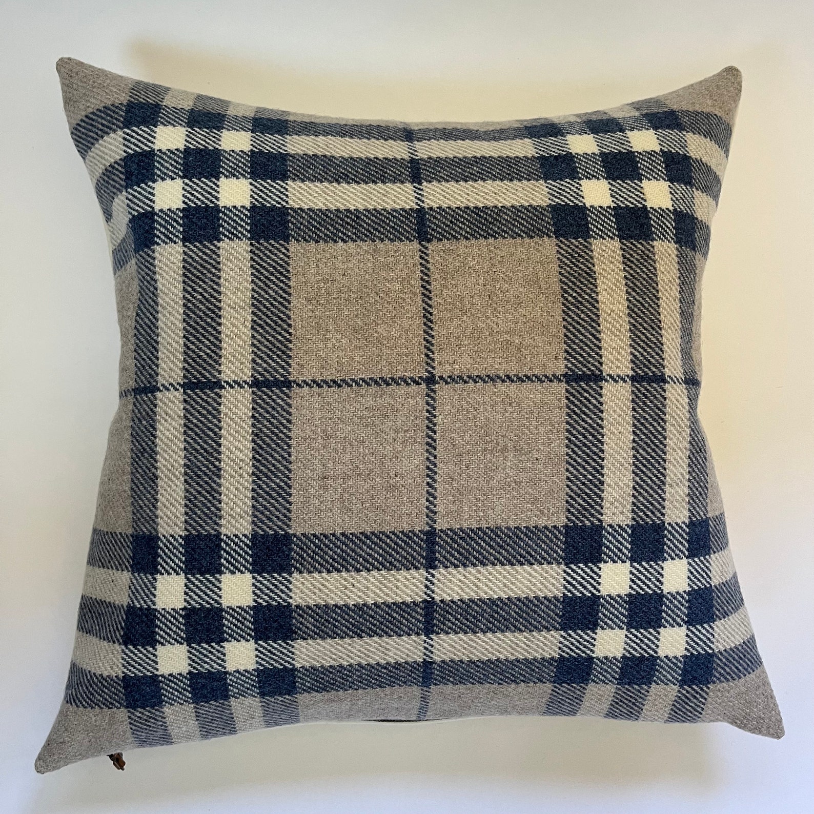 Blue and Tan Plaid Wool Pillow Cover Blue Checked Exposed Zipper ...