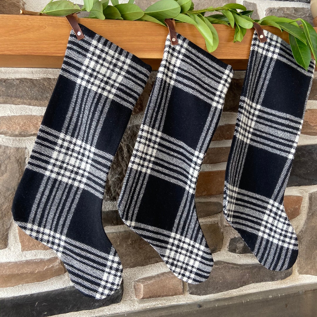 Christmas Stockings Plaid Wool Black and White Plaid Leather Hanging ...