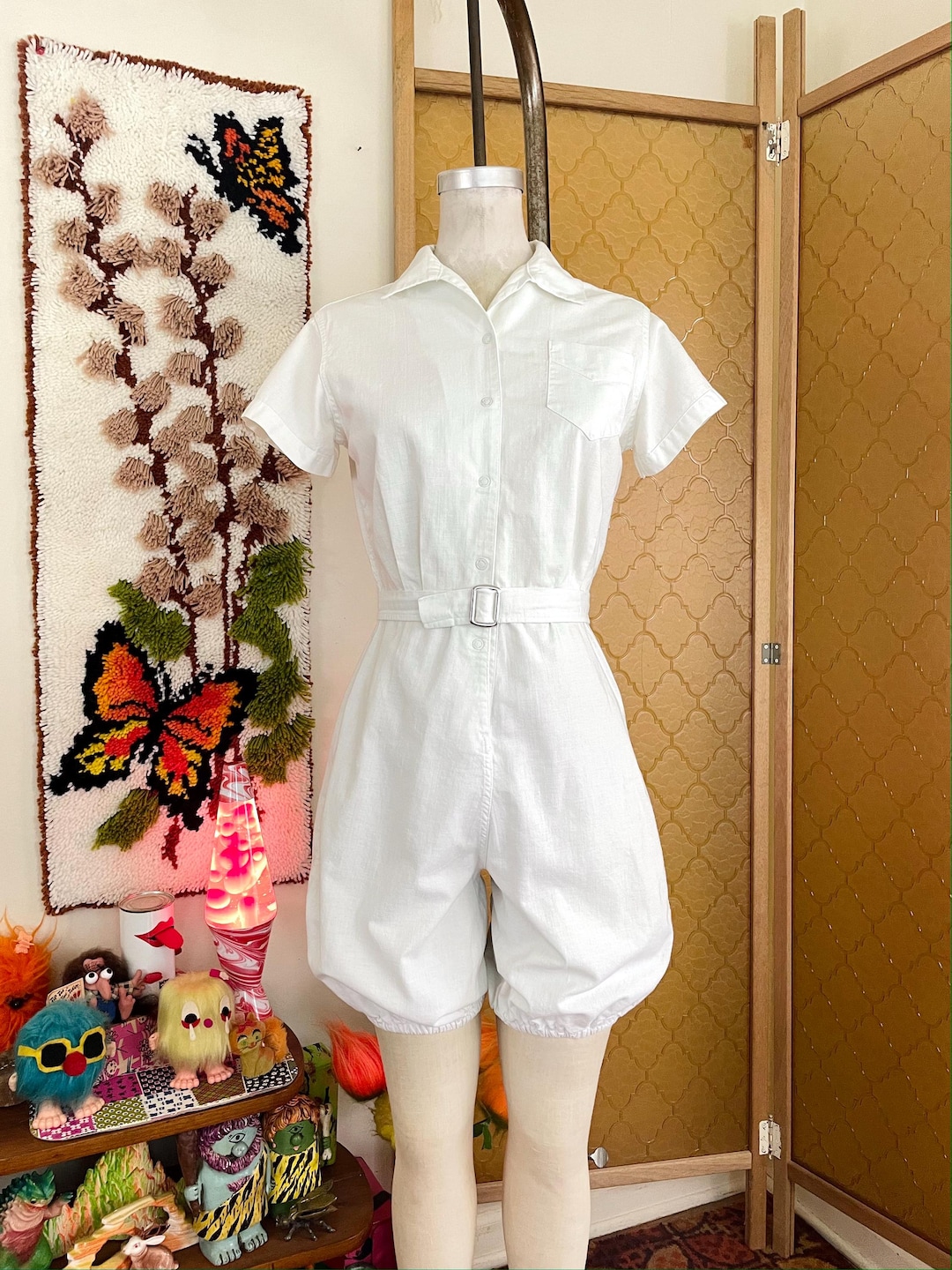 Vintage 60s Sanforized White Cotton Belted Gym Suit Romper W/ Snap ...