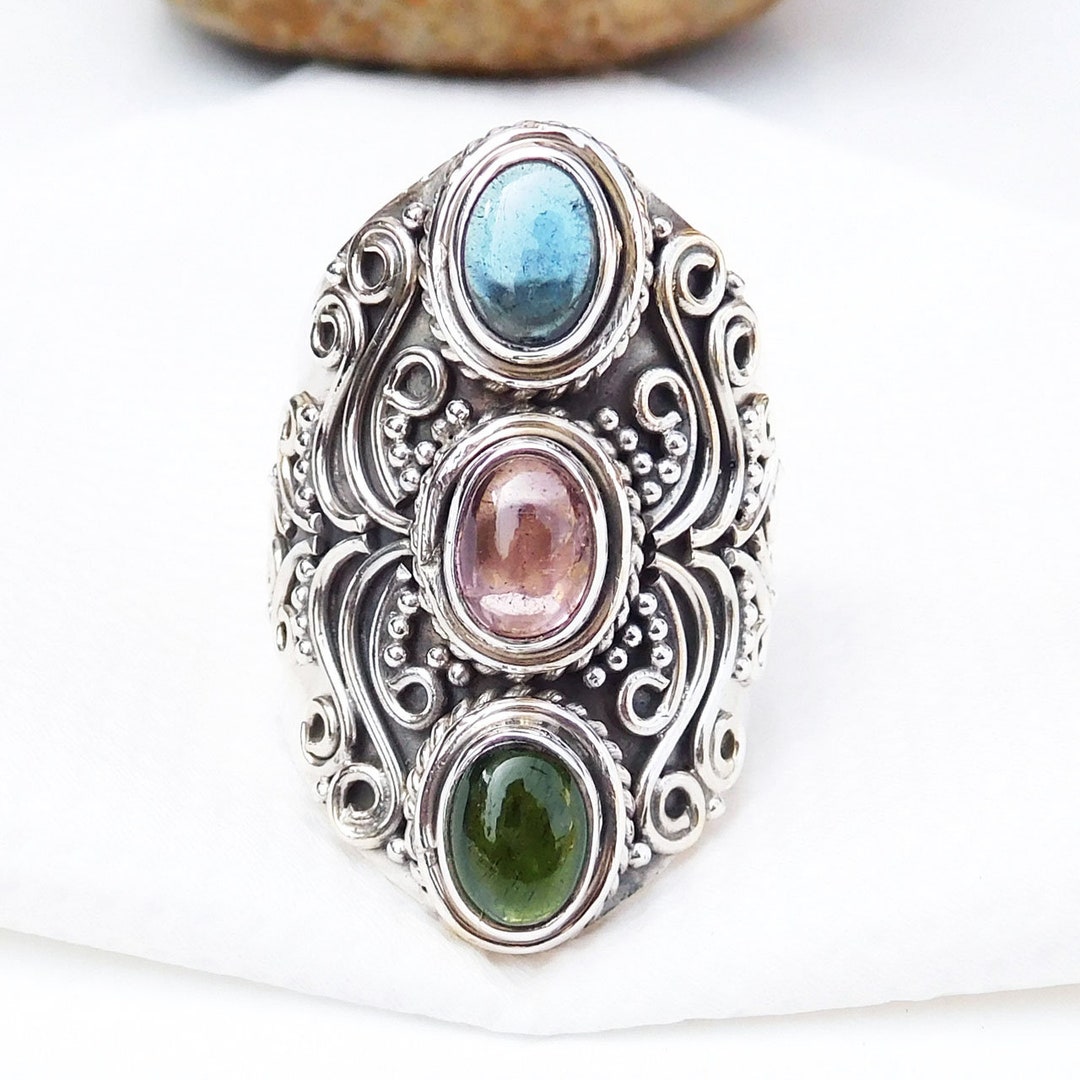 Tourmaline Ring, Multi Color Tourmaline Ring, Solid Silver Ring ...
