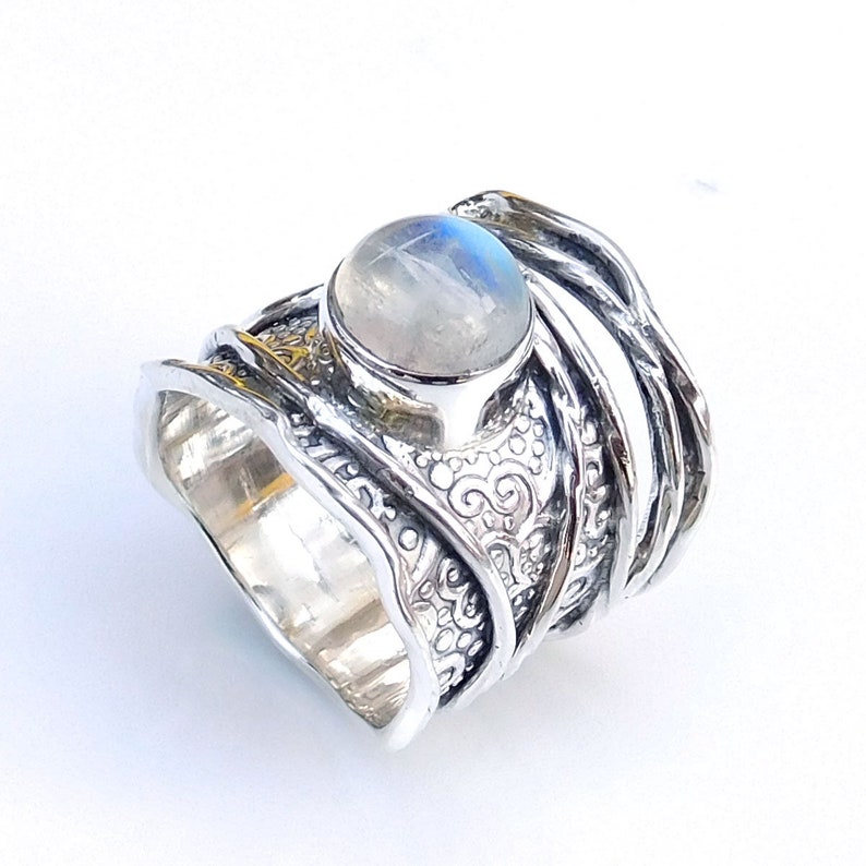 Moonstone Ring Silver Texture Band Ring 925 Unique Handmade - Etsy