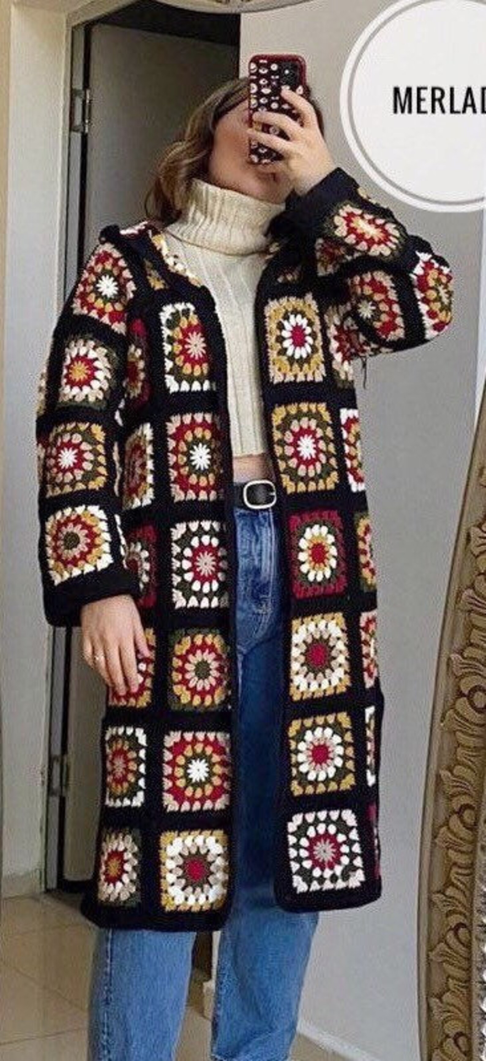 Grannysquare Cardigan,crochet Long Coat,hooded Caerdigan, Women ...