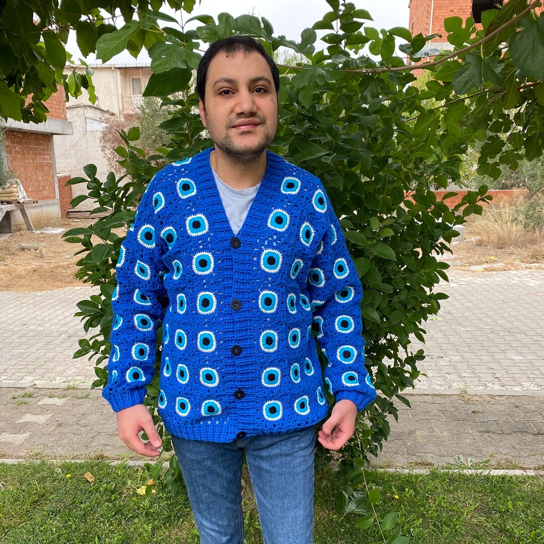Evıl Eye, Evil Eye Crochet Cardigan, Men Cardigan, Button Up, Men ...
