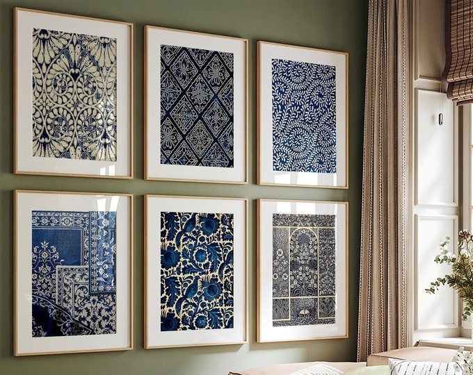 Set of 6 Indigo Blue Botanical, Home Plant Drawings Wall Art Set, Navy ...