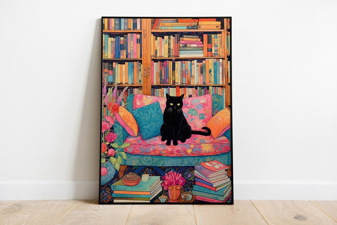 Cat in the Library, Book Lovers Art, Maximalism Painting, Cat Lovers ...