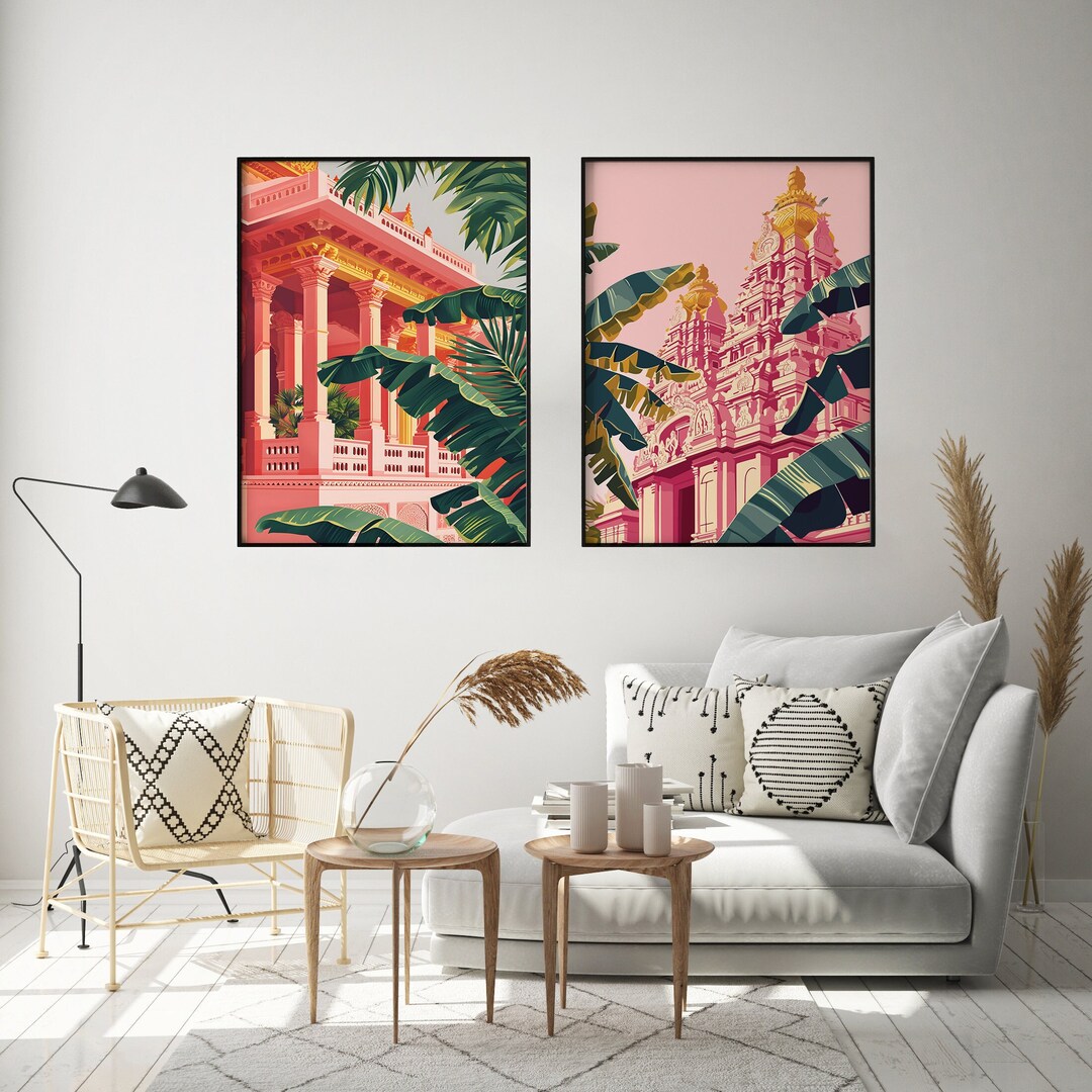 Indian Tamil Nadu Hindu Temple Wall Art - Set of 2 Vintage Pink Prints ...