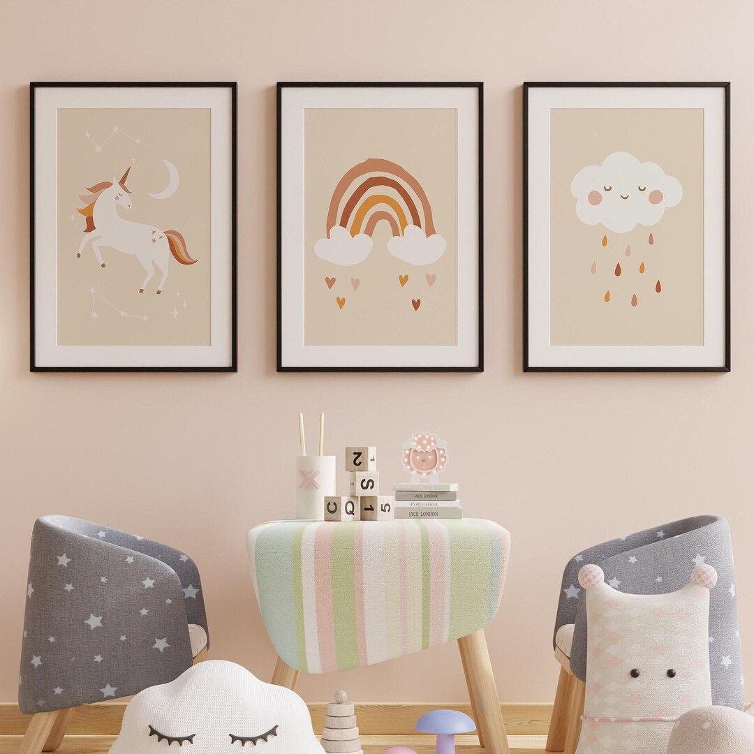 Unicorn Rainbow Rain SET of 3 Posters, Nursery Wall Art Decor, Boho ...