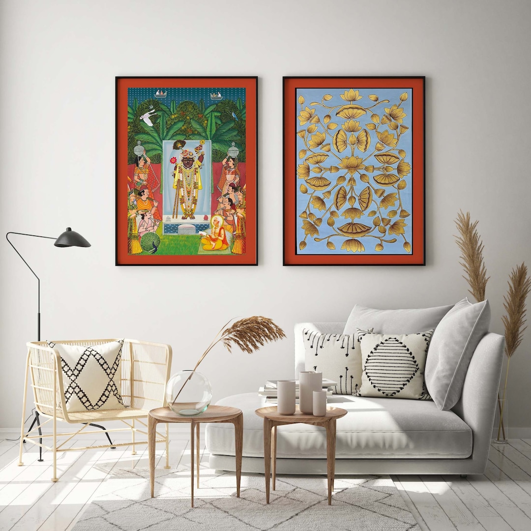 Indian Shreenathji Pichwai Art Print Set, Folk Floral, Lotus (digital ...