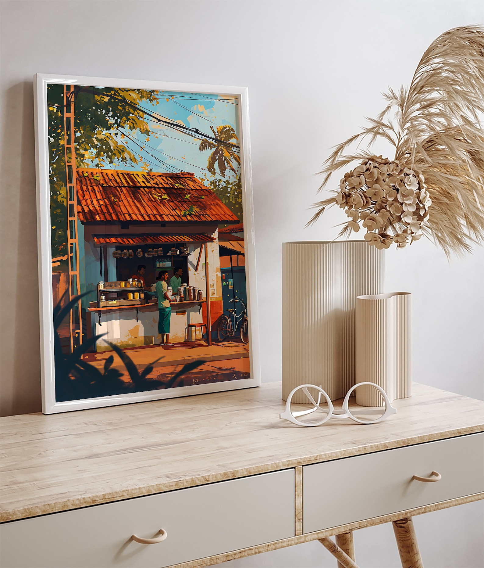Kerala Chai Shop Painting - Tropical Village Art Print, Tea Shop Wall ...