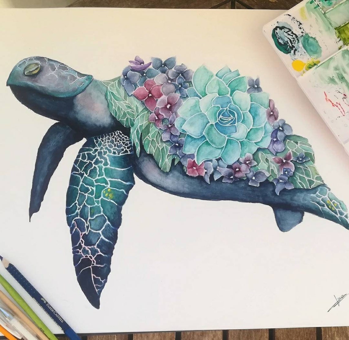 Watercolor Print of turtle & Flowers Drawing and Painting Marine and ...