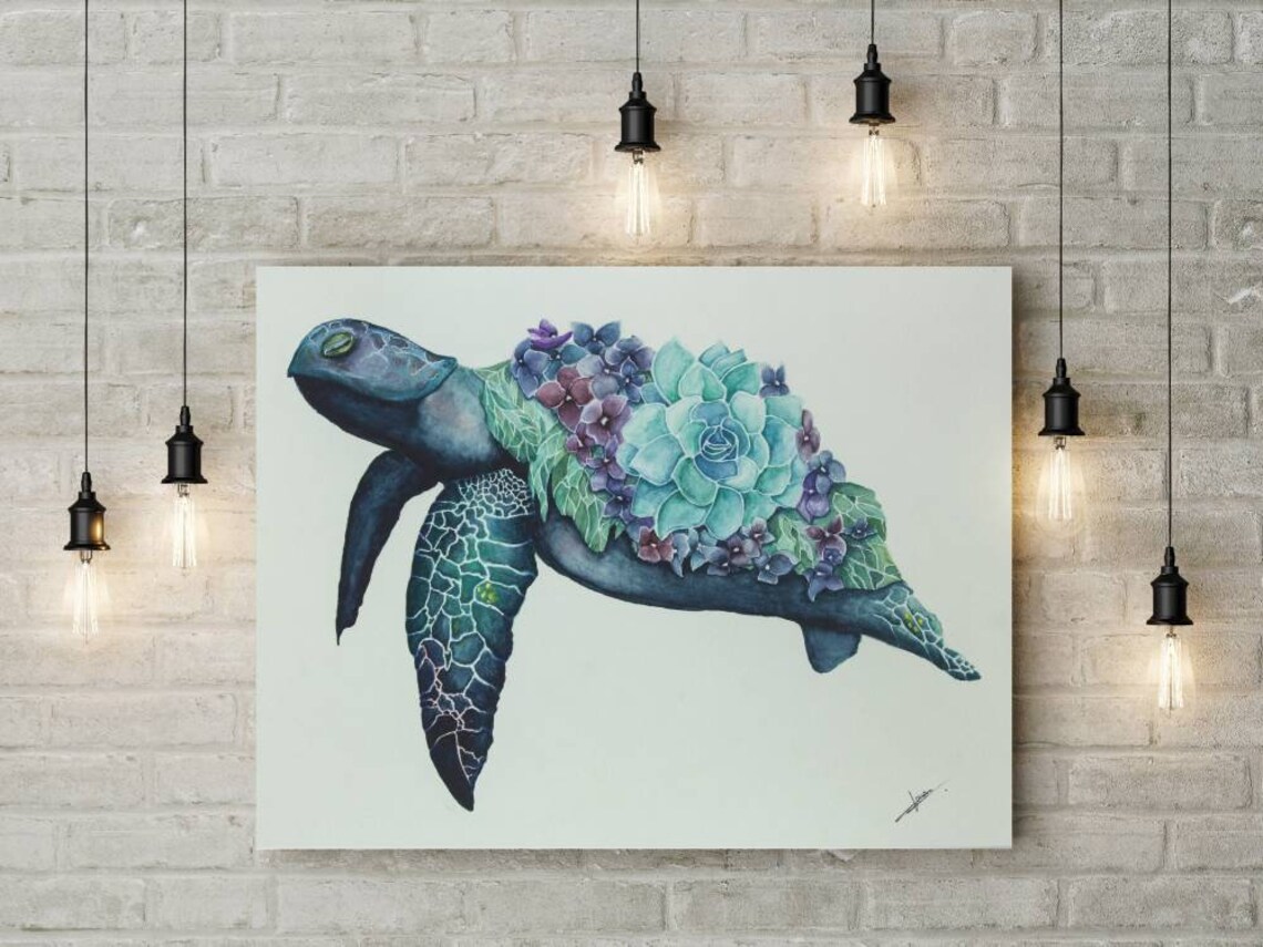 Watercolor Print of turtle & Flowers Drawing and Painting Marine and ...