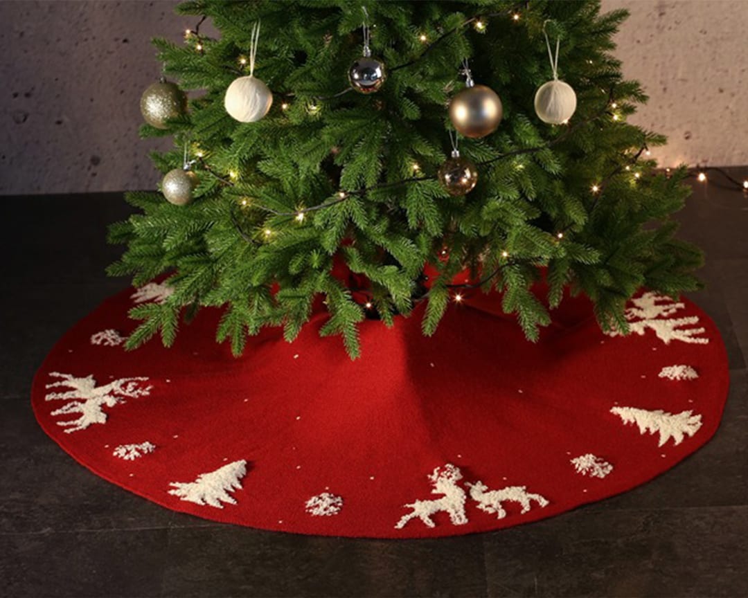 Burgundy Christmas Tree Skirt,red Tree Skirt,knitted Elk Christmas Tree ...