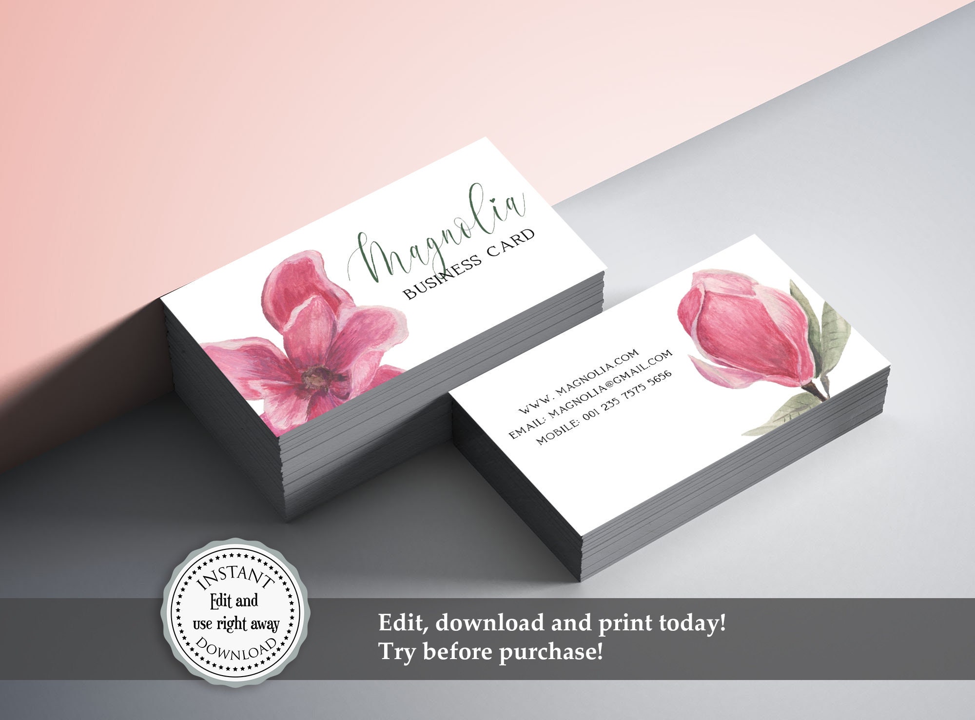 Feminine Business Card Design With Watercolor Magnolia. - Etsy UK