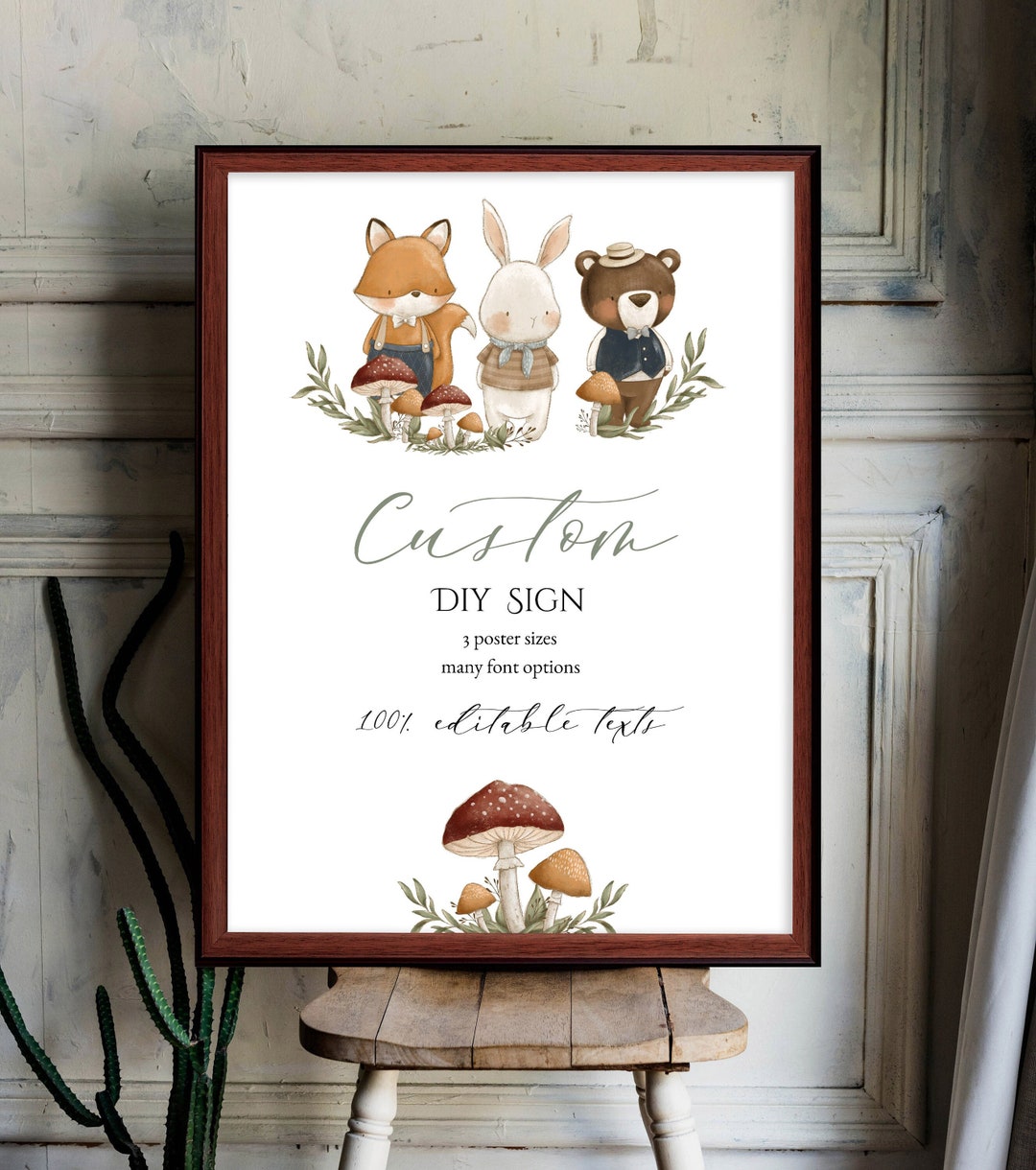 Custom DIY Sign Template With Forest Animals and Mushrooms. Editable ...