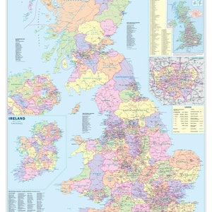 UK Wall Map Laminated Large Map Counties, District and Unitary Authority Boundaries Local ...