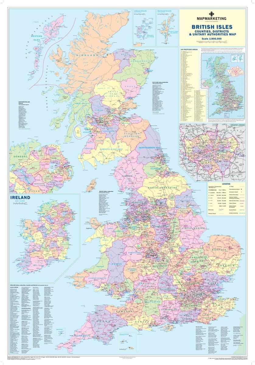 UK Wall Map Laminated Large Map Counties, District and Unitary ...