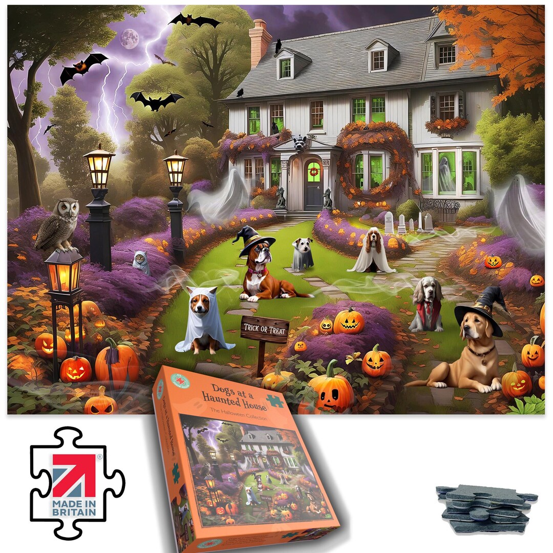 Dogs at a Haunted House Halloween Spooky 500 or 1000 Piece Jigsaw ...