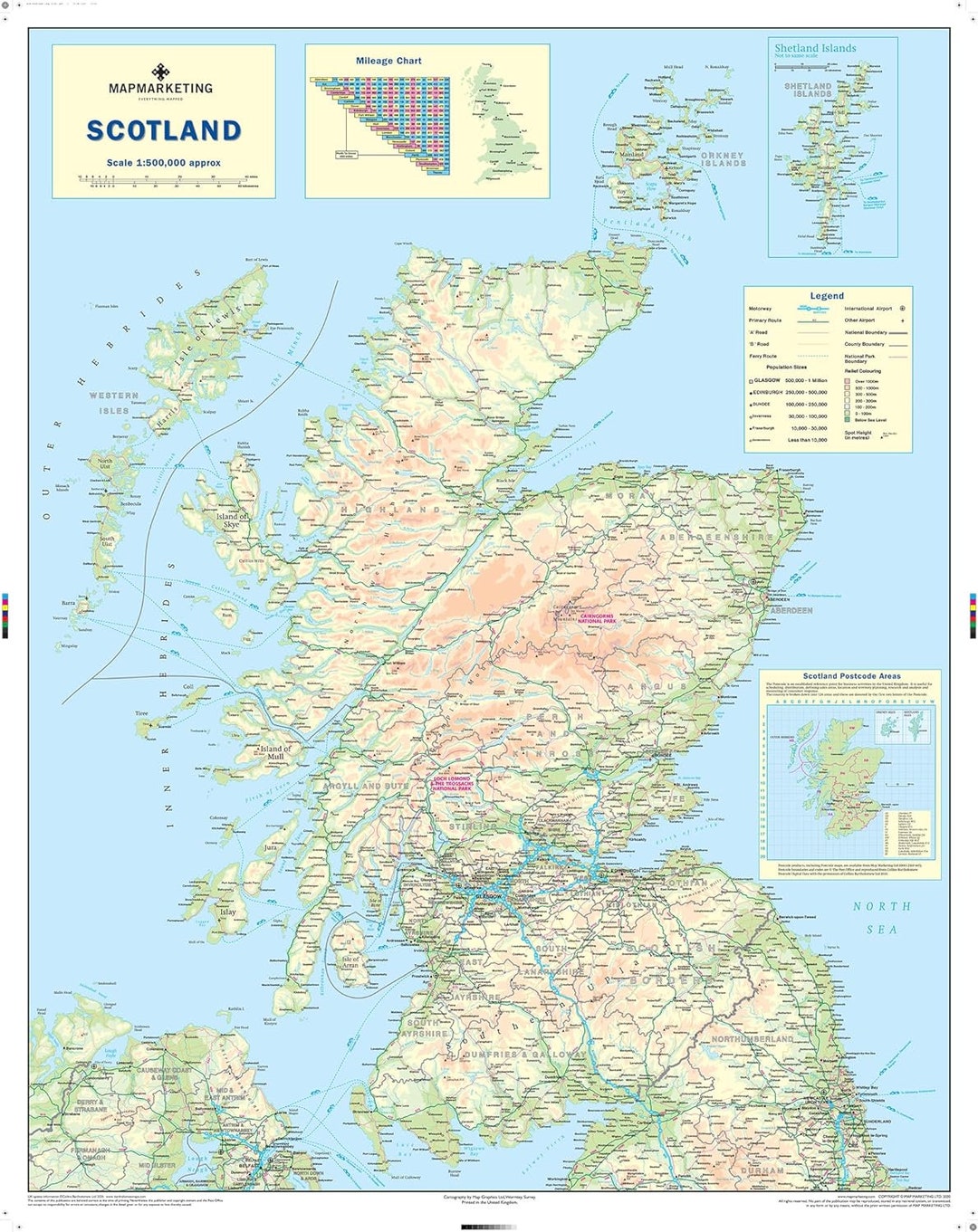 Scotland Road Wall Map Laminated With Postcode, Ferry Routes, Mileage ...