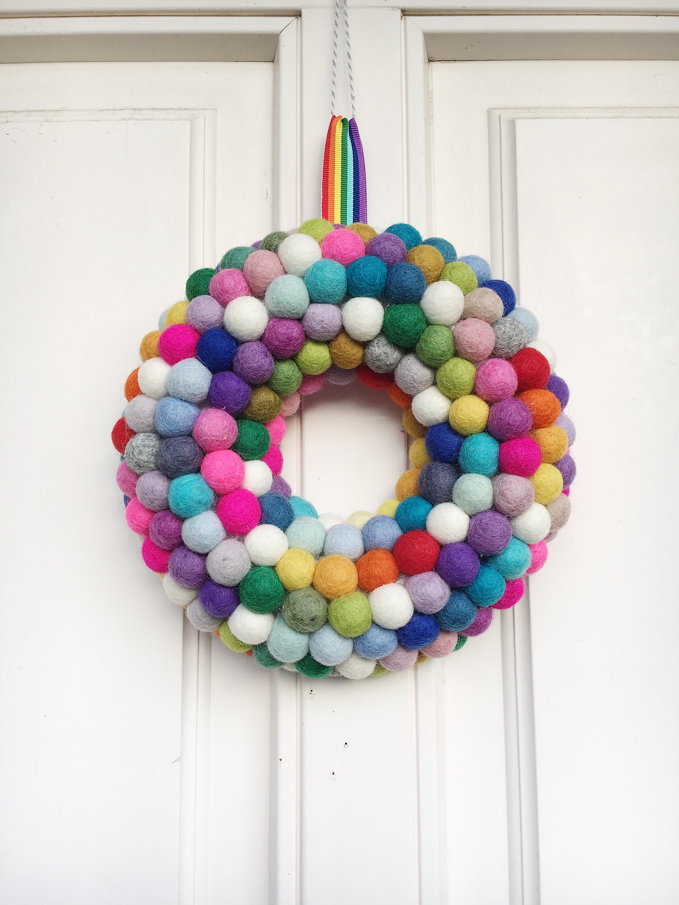 Rainbow Felt Ball Wreath. Holiday Wreath. Bright Door Wreath. | Etsy