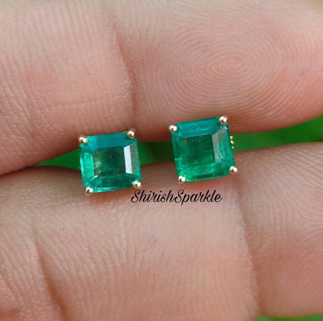 Shirishsparkle Natural Emerald Square Emerald Ear Stud Tranceperent Square Emerald Earrings Real ...