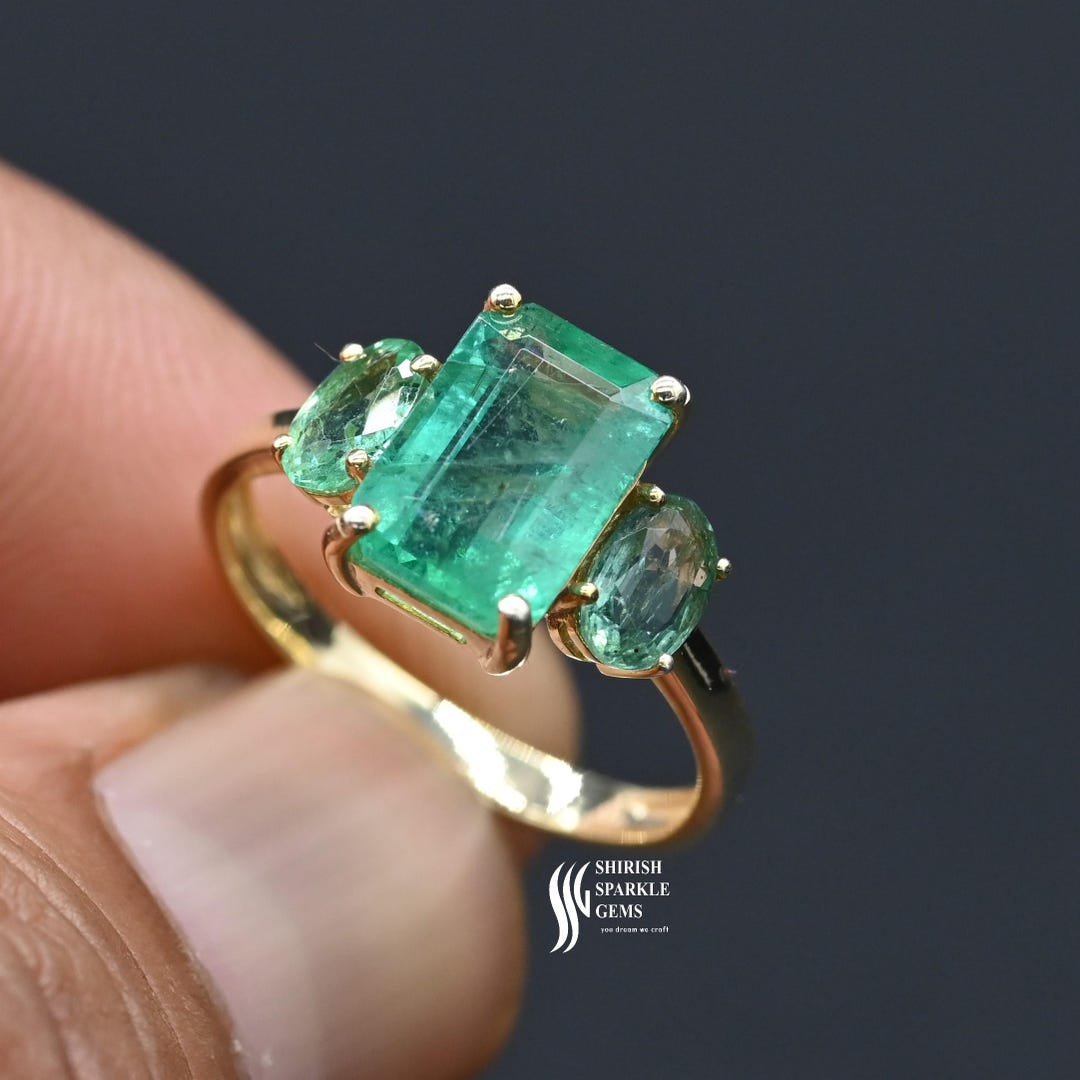 Emerald Cut Emerald and Oval Emerald Gold Ring Genuine Emerald Women ...