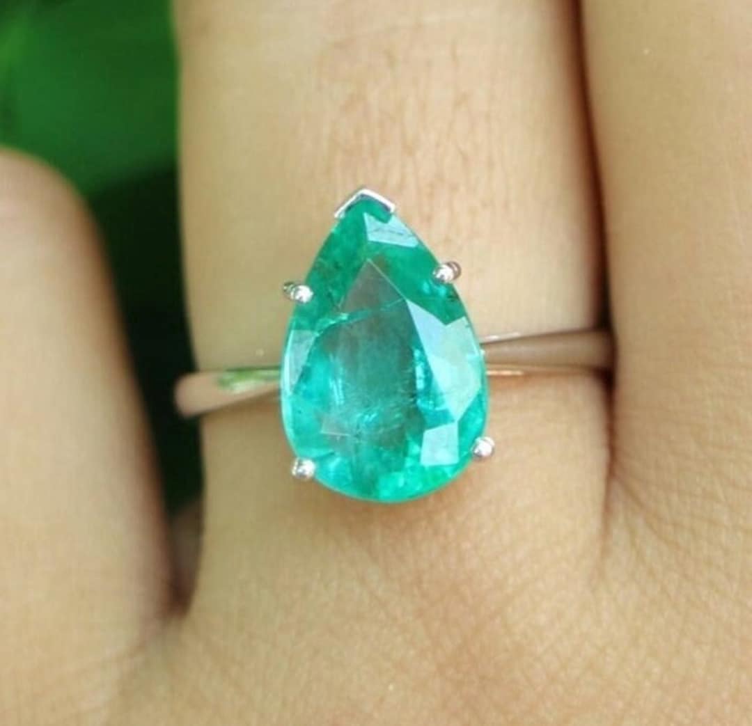14k Gold Natural Emerald Ring, Real Emerald Ring With 14k White Gold ...