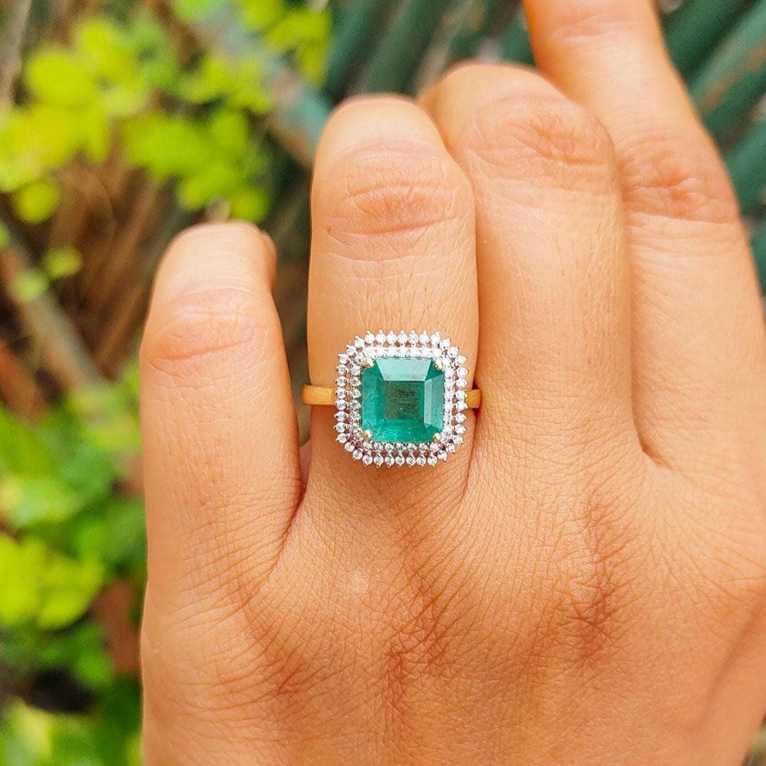 Untreated Emerald Double Line Diamond Halo Ring for Women Emerald Cut ...