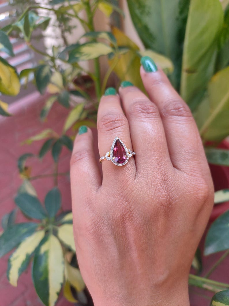 Teardrop Pear Cut Pink Tourmaline Diamond Promise Ring for Women Luxury ...