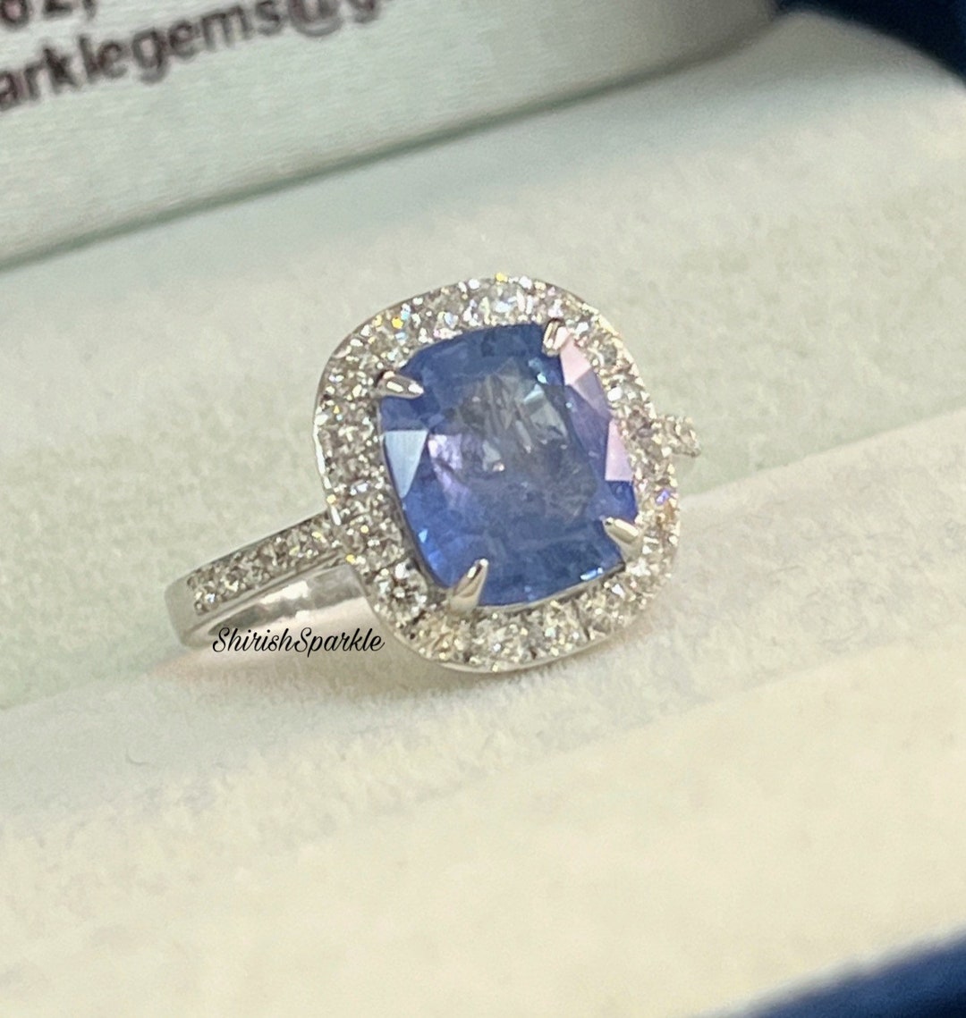 18K White Gold Blue Sapphire Halo Ring – Genuine Sri Lanka Sapphire ...