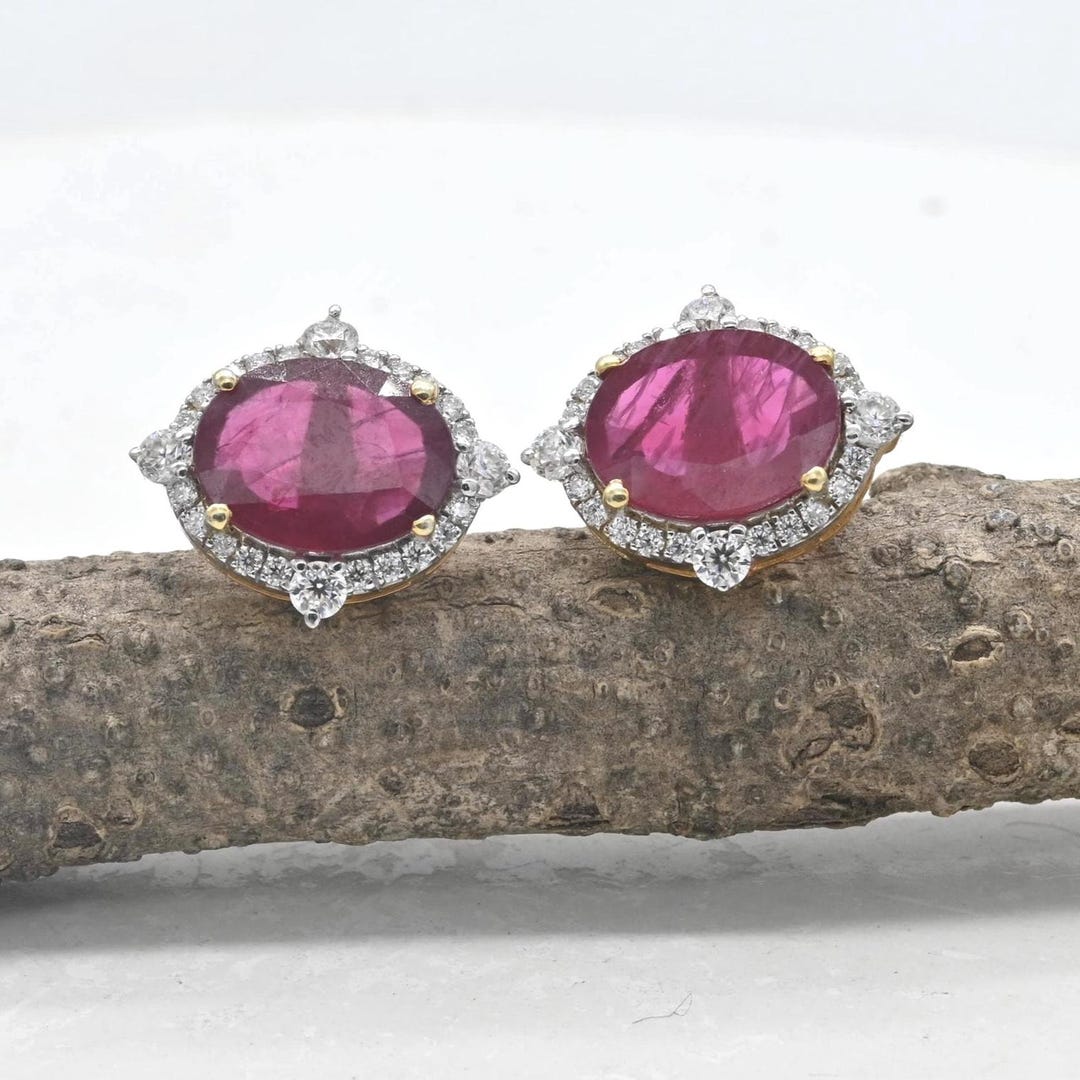 Oval Shape Diamond Ruby Earring 14K /july Birthstone Women Earring ...