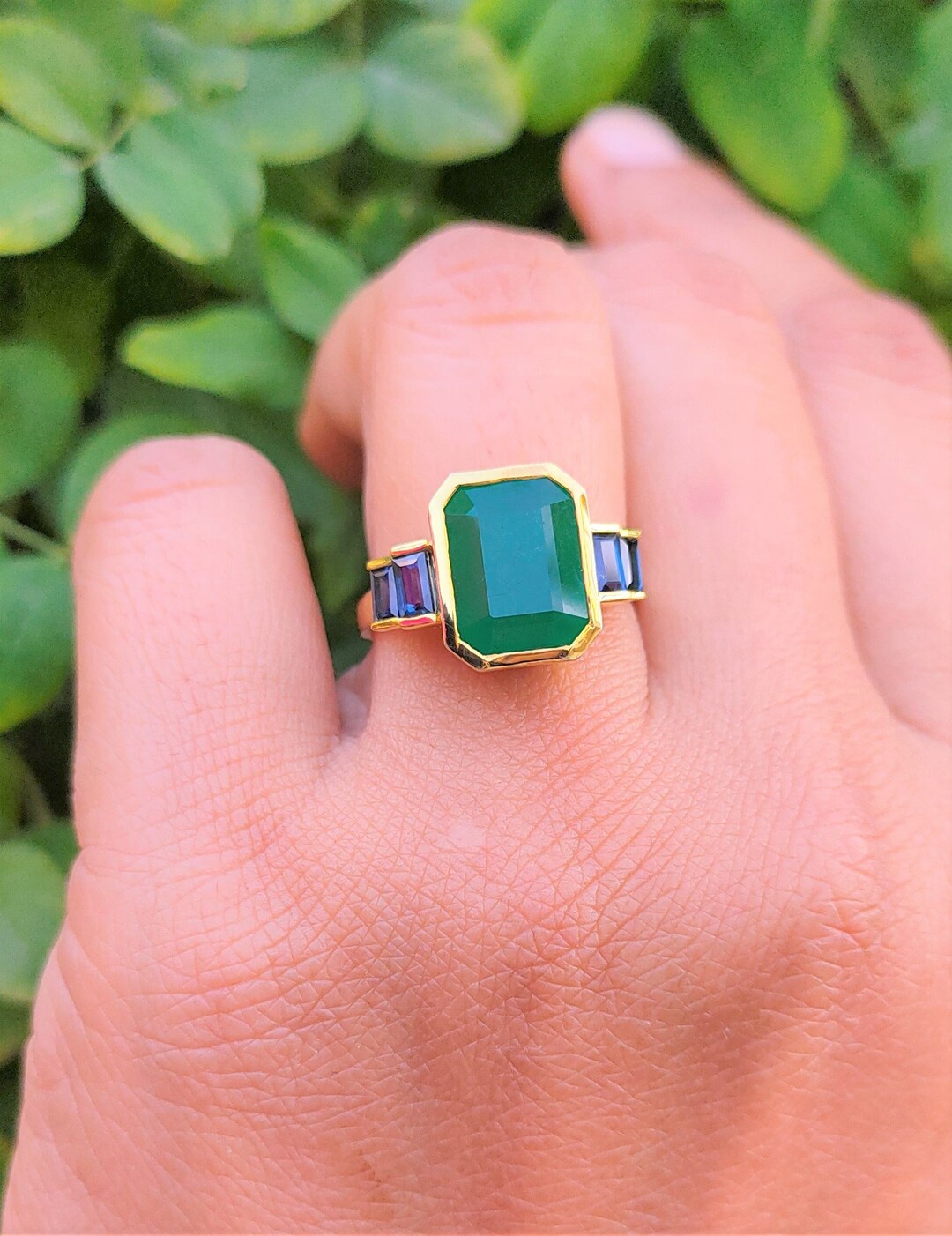 Vivid Green Natural Emerald Blue Sapphire Multi Stone Engagement Promise Anniversary Men Ring ...