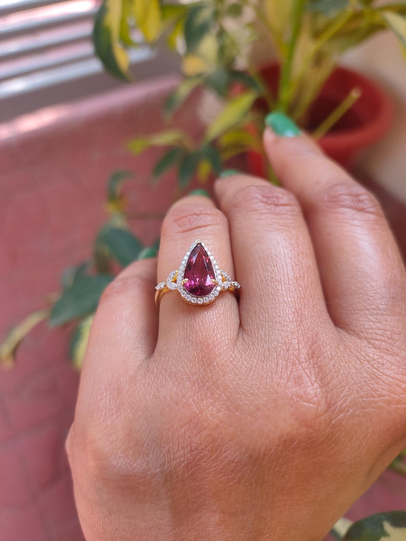 Teardrop Pear Cut Pink Tourmaline Diamond Promise Ring for Women Luxury ...