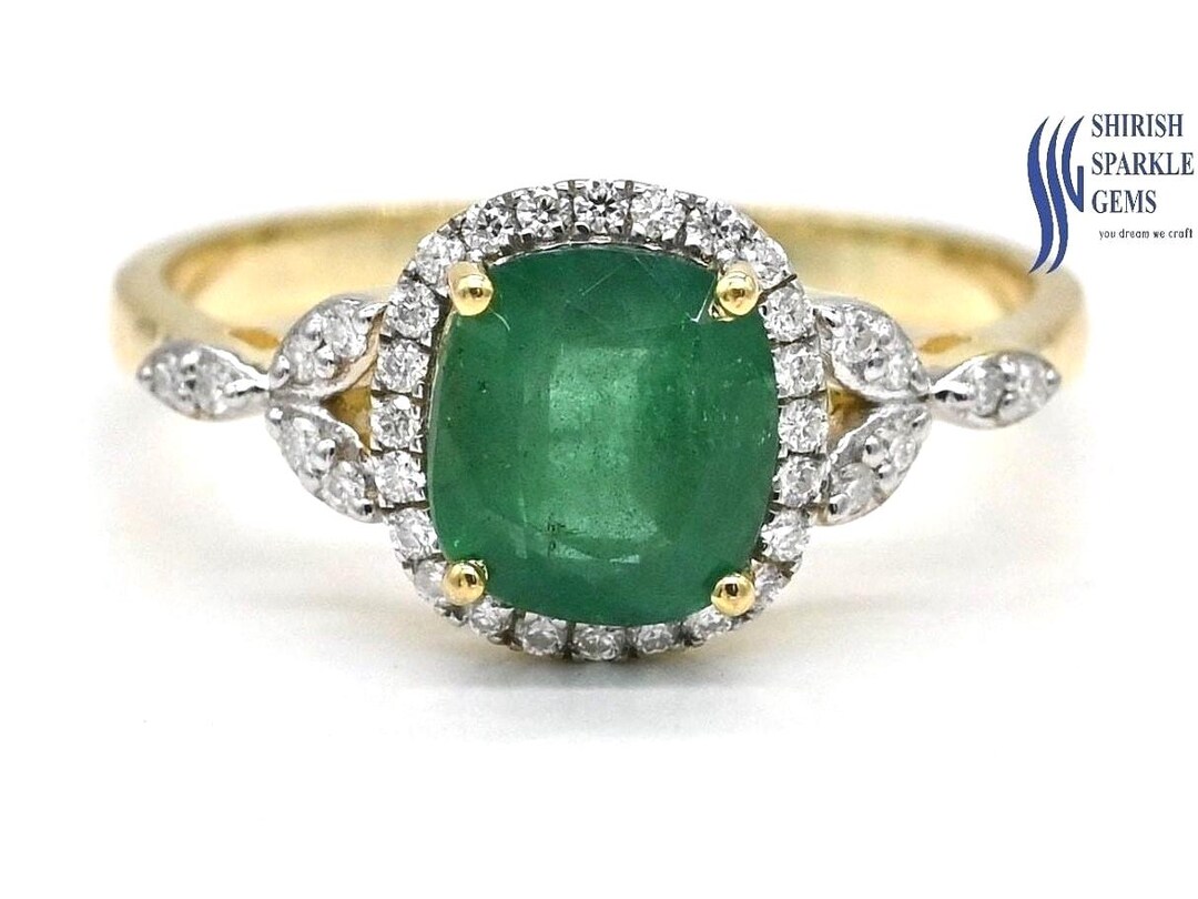 Cushion Emerald Halo Diamond Engagement Ring for Her Wedding Engagement ...