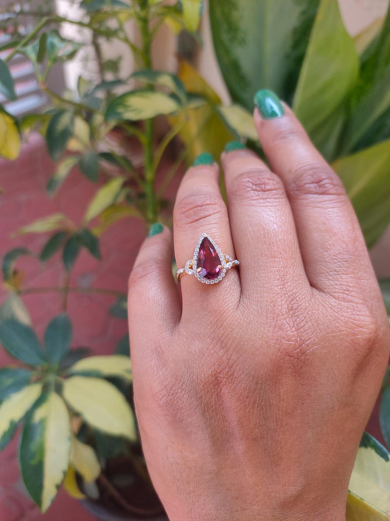 Teardrop Pear Cut Pink Tourmaline Diamond Promise Ring for Women Luxury ...
