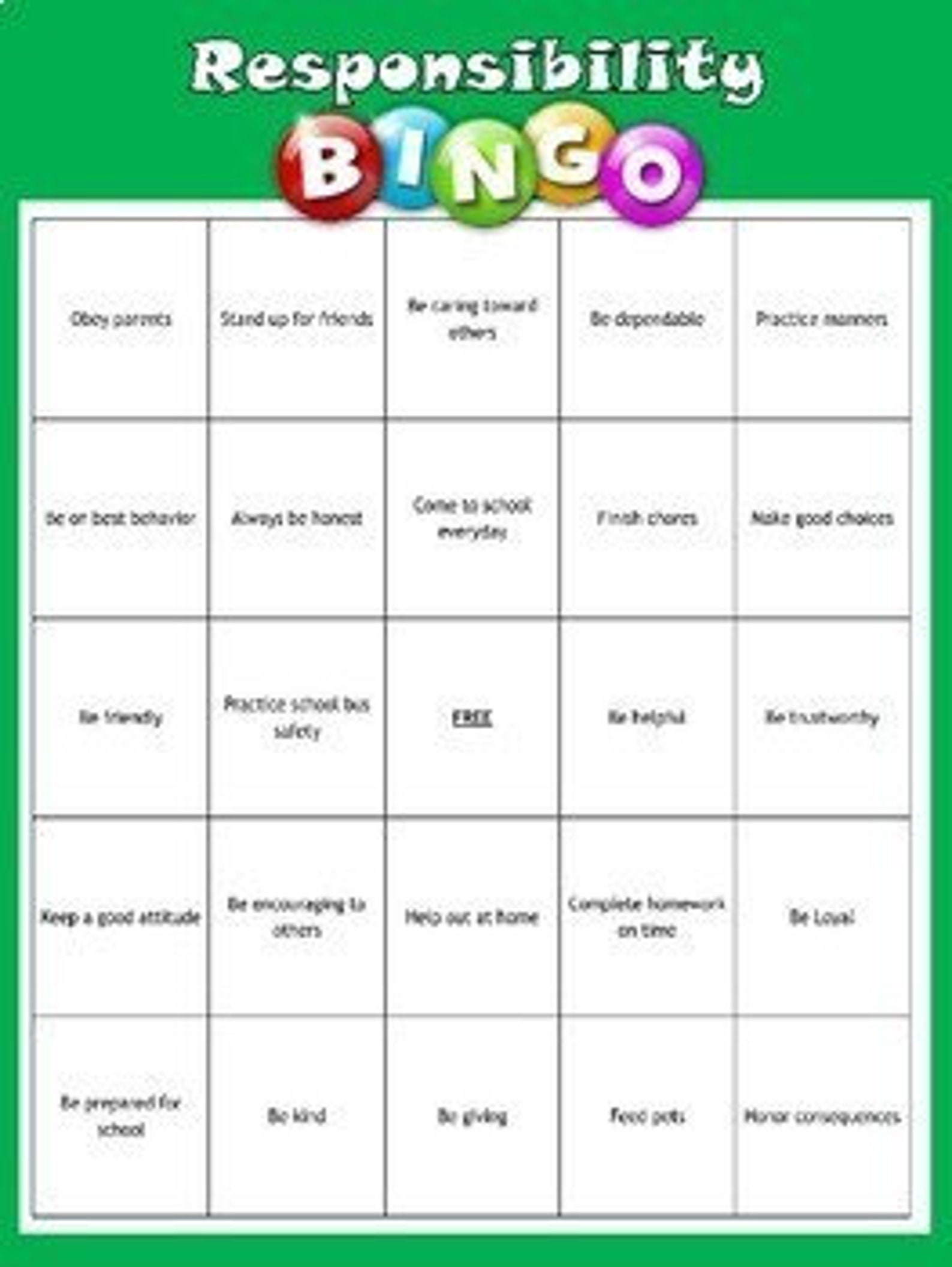 Responsibility Bingo ! - Etsy