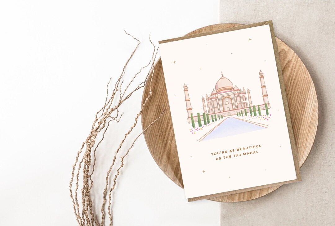 Taj Mahal Illustrated Greetings Card - 5x7inch Card With Kraft Envelope ...