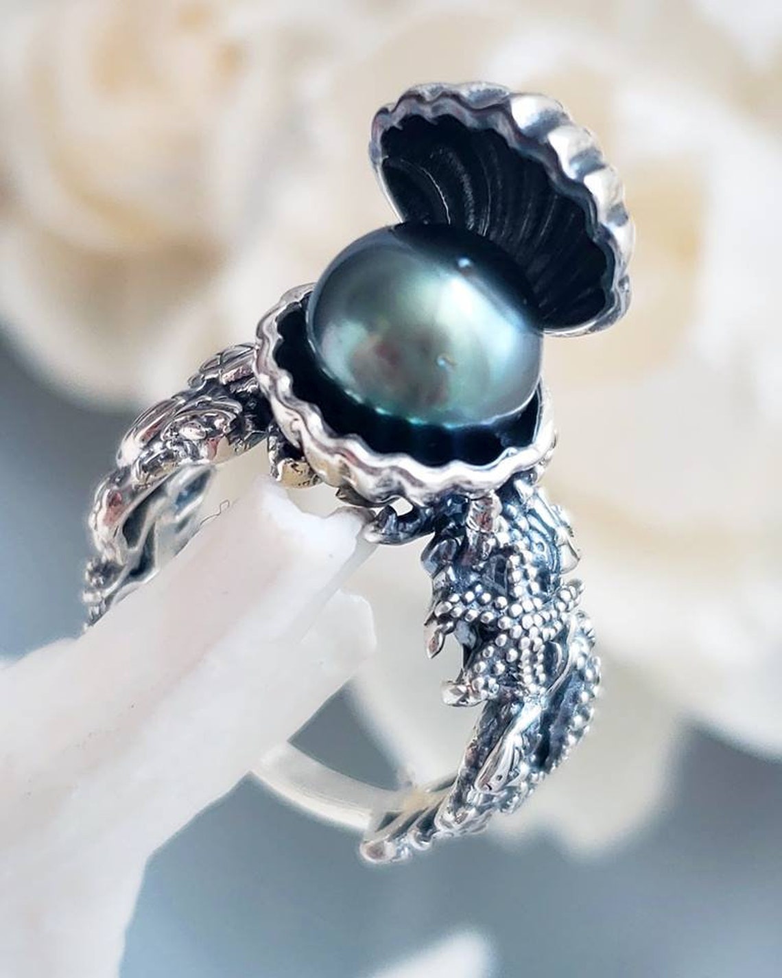 Nautical Clam and Pearl Sterling Silver Custom Ring - Etsy