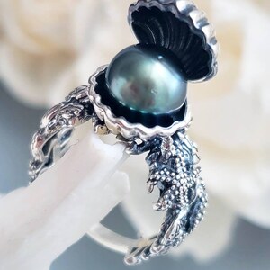 Nautical Clam and Pearl Sterling Silver Custom Ring - Etsy