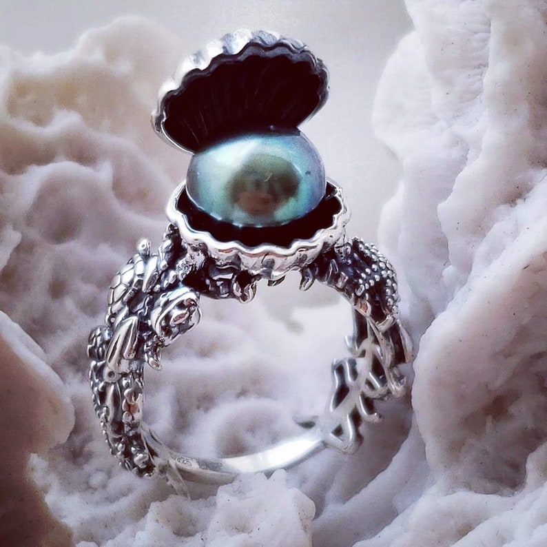 Nautical Clam and Pearl Sterling Silver Custom Ring - Etsy