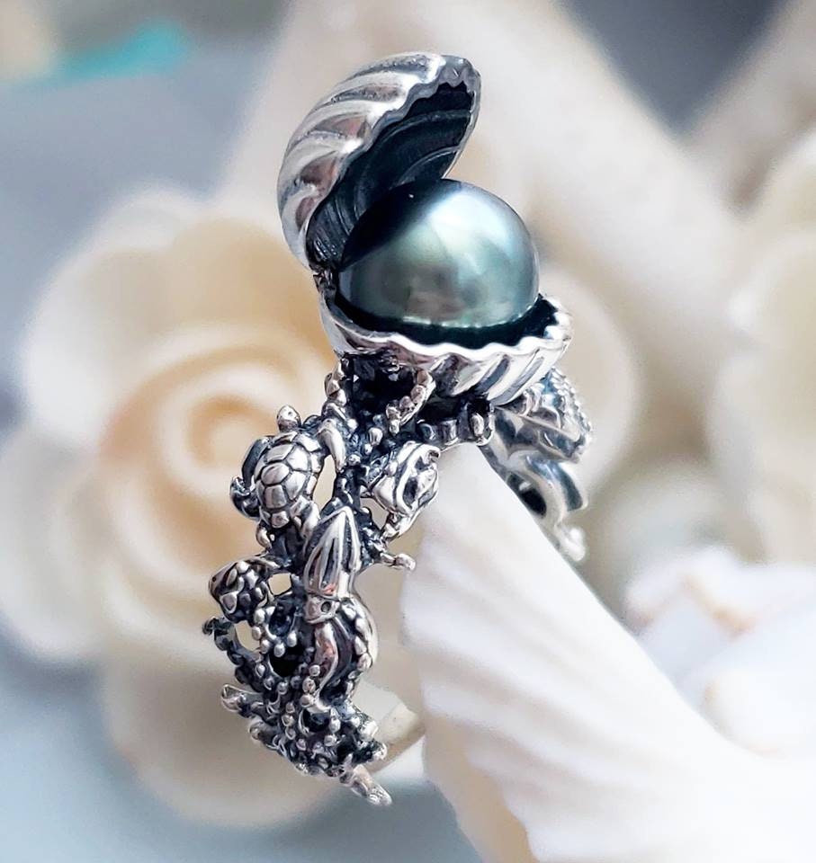 Nautical Clam and Pearl Sterling Silver Custom Ring - Etsy