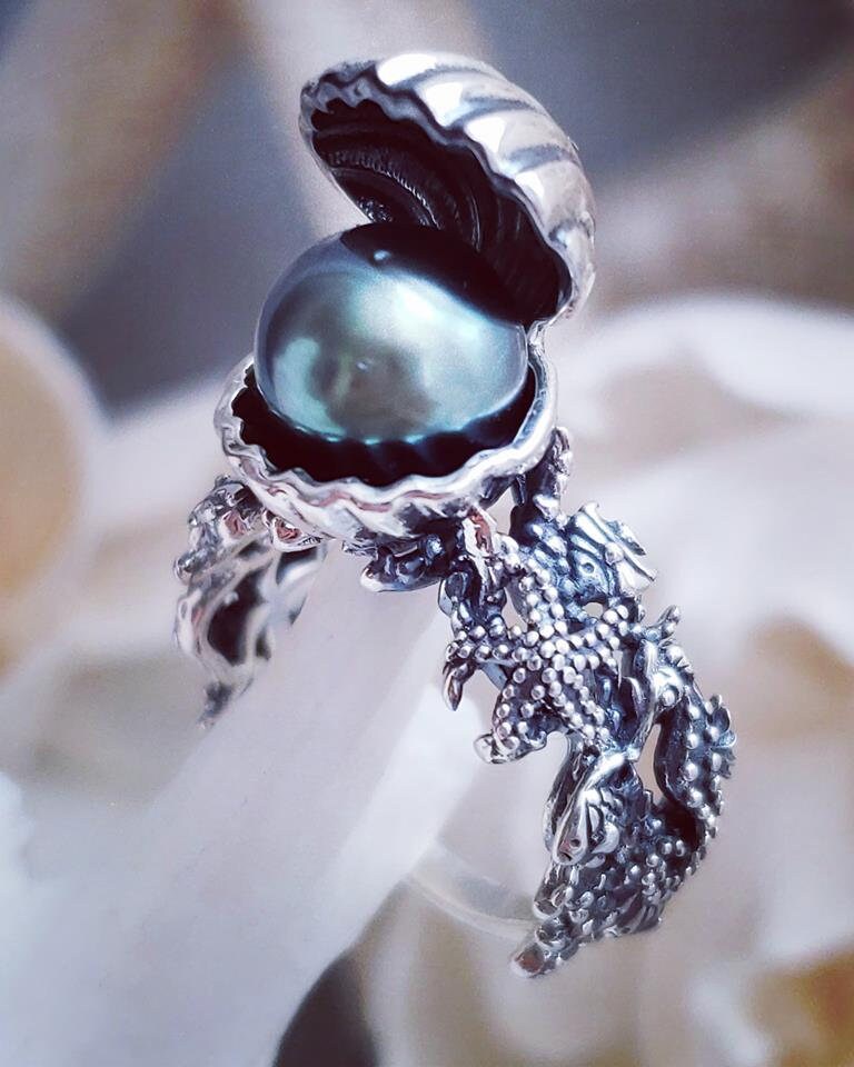 Nautical Clam and Pearl Sterling Silver Custom Ring - Etsy