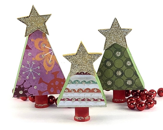 Mini Christmas Tree Set Hand Painted Wood Glittering Stars - Etsy