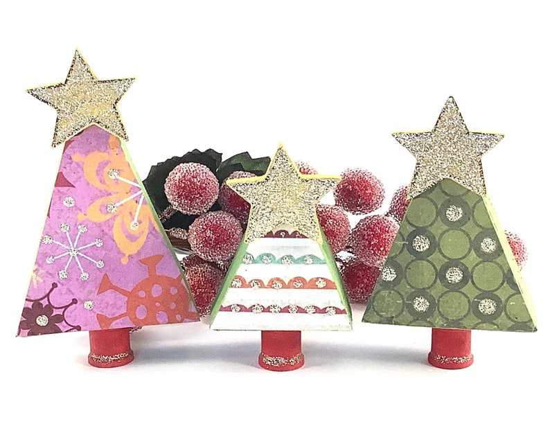 Mini Christmas Tree Set Hand Painted Wood Glittering Stars - Etsy