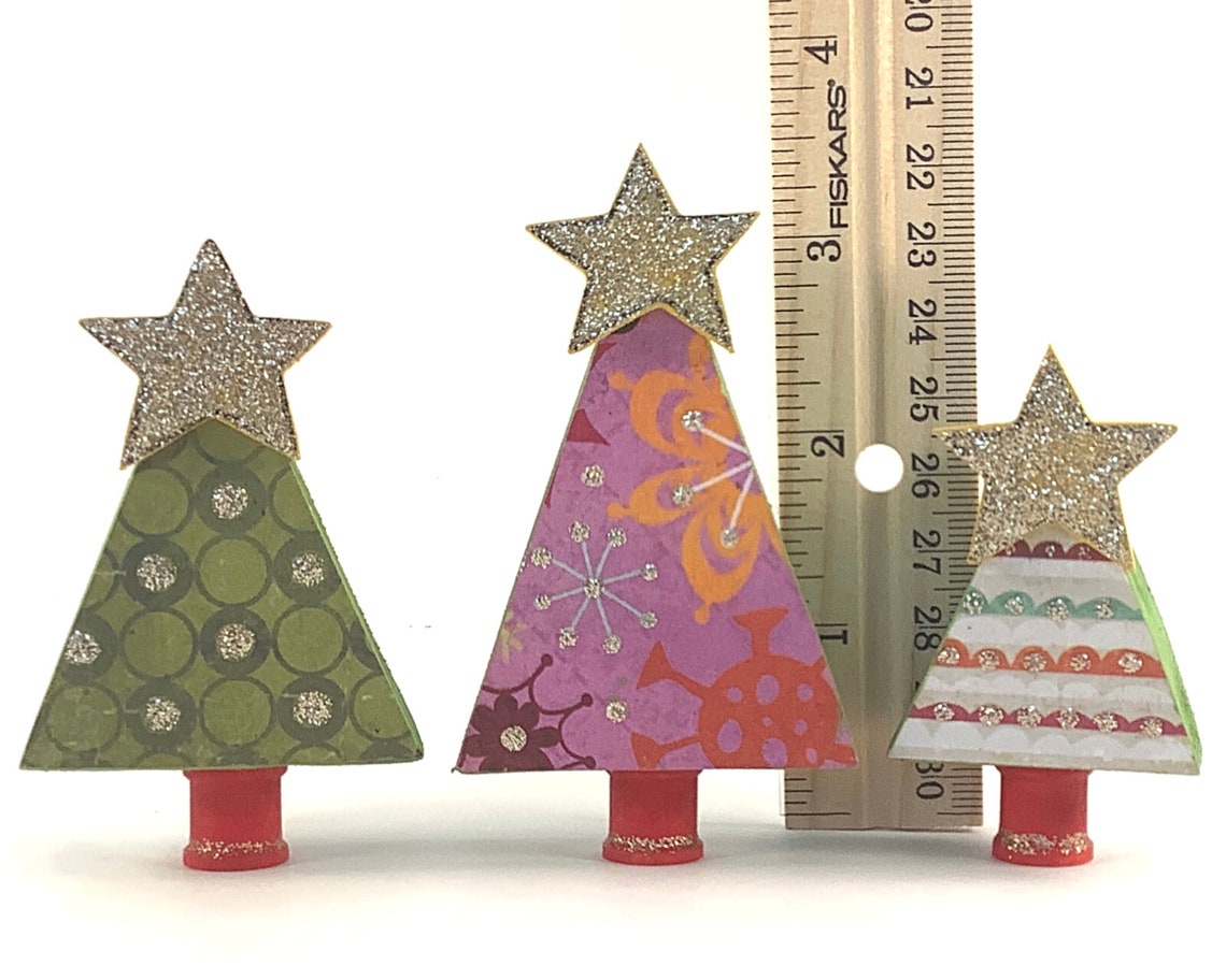 Mini Christmas Tree Set Hand Painted Wood Glittering Stars - Etsy